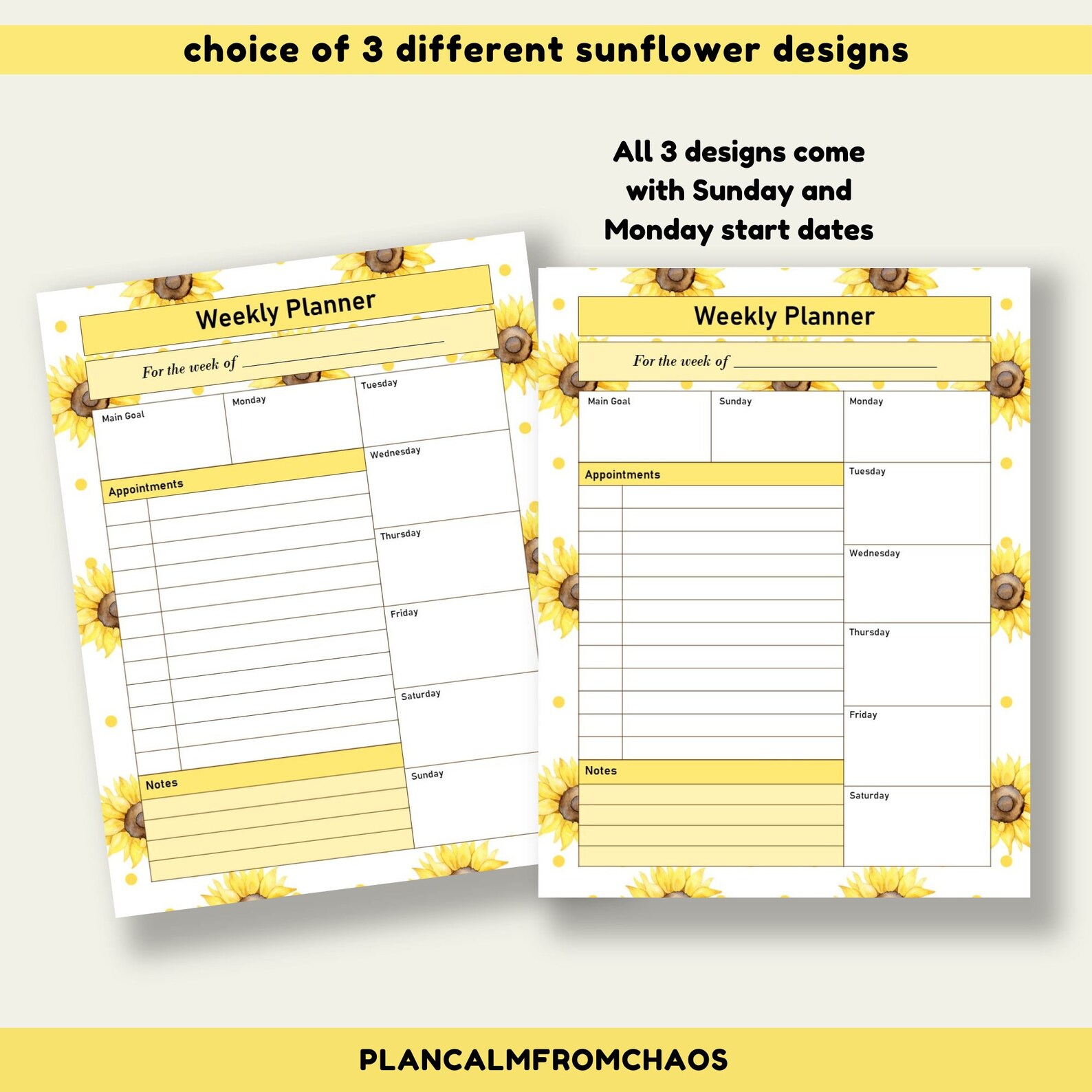 Printable Sunflower Weekly Planner Pages, DIGITAL DOWNLOAD, A4, A5 and ...