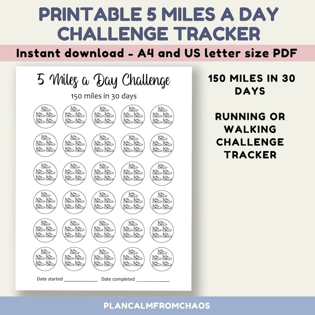 5 Miles a Day - 30 Day Challenge Tracker Printable. DIGITAL DOWNLOAD ...