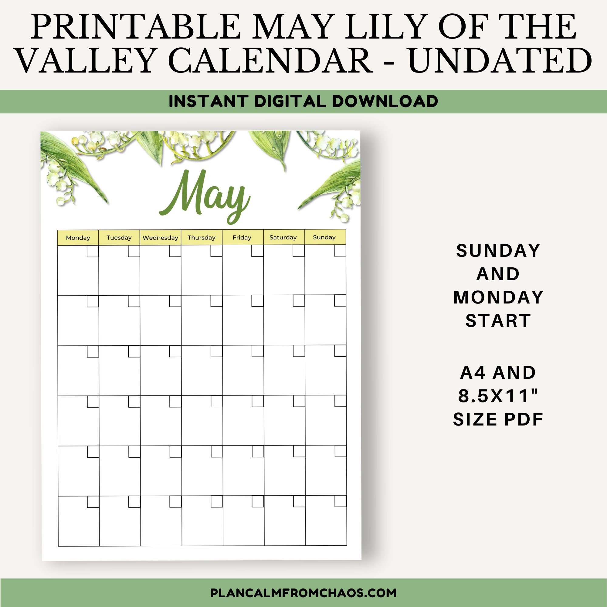 Printable May Monthly Calendar, DIGITAL DOWNLOAD, May Undated Floral ...