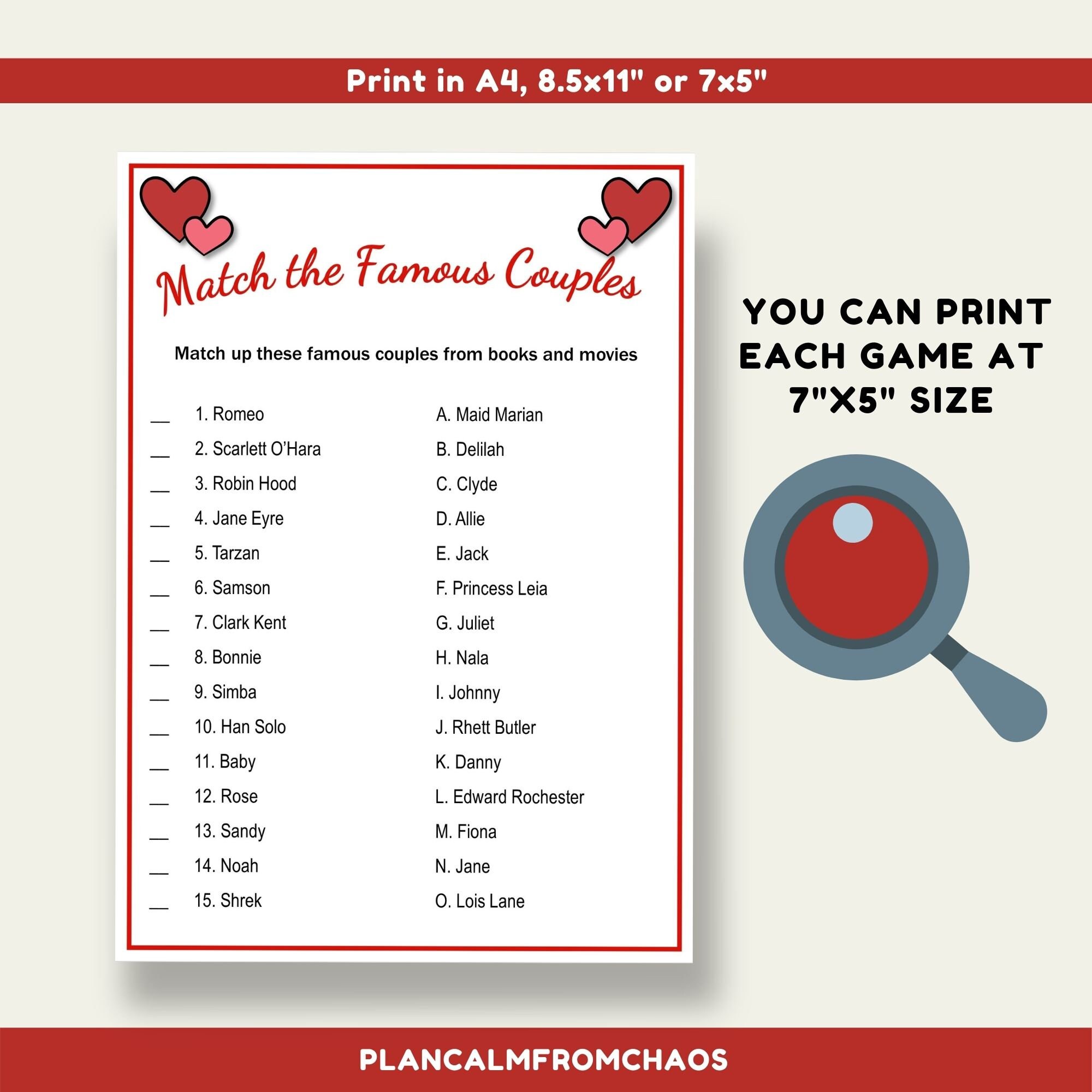 Valentines Day Printable Games, Match the Famous Couples, DIGITAL ...