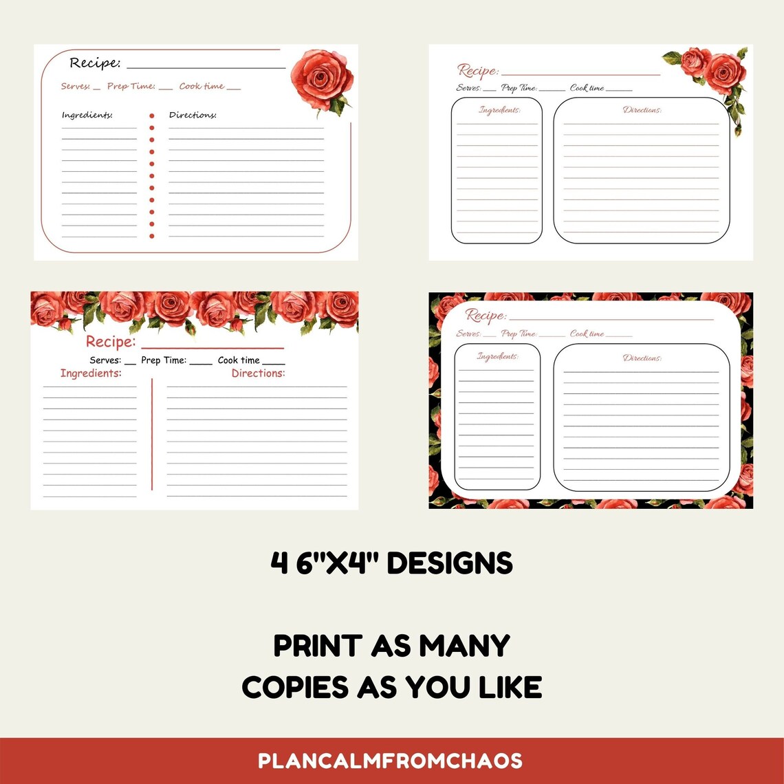 Printable Red Roses Recipe Cards DIGITAL DOWNLOAD | Etsy