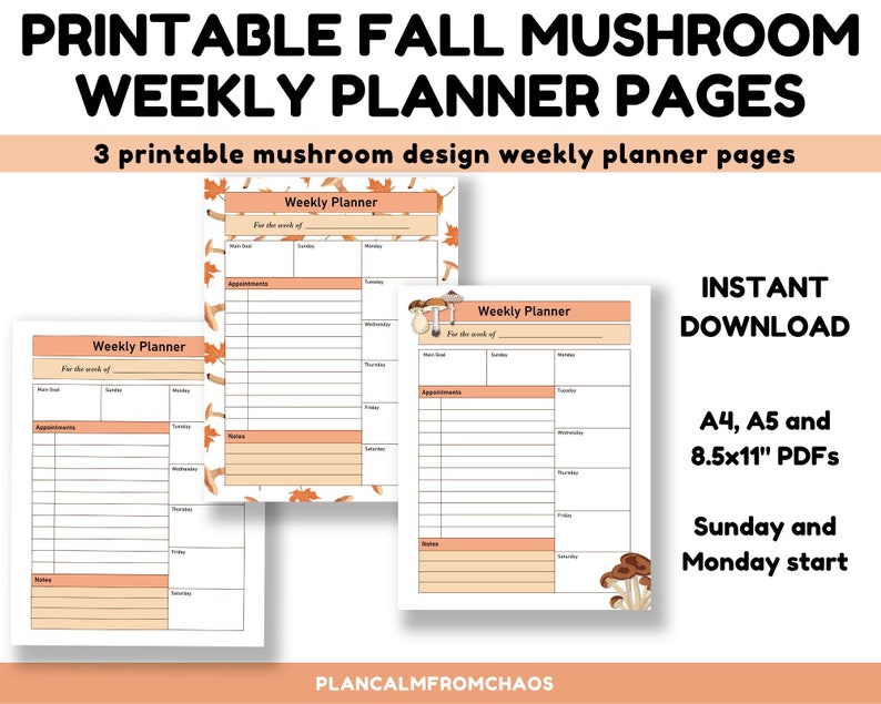 Printable Weekly Planner Page DIGITAL DOWNLOAD Fall Mushroom - Etsy