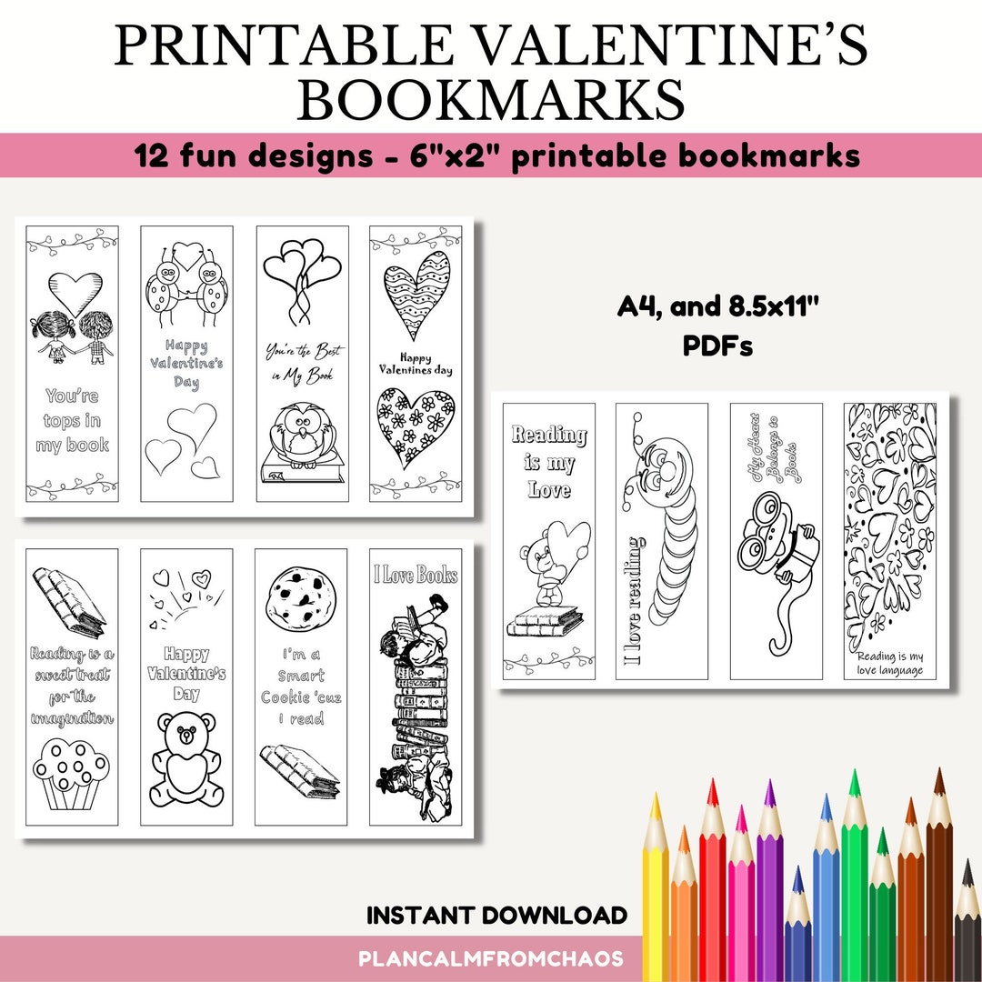 Printable Valentine's Colouring Bookmarks, DIGITAL DOWNLOAD, 12 Fun 6x2 ...
