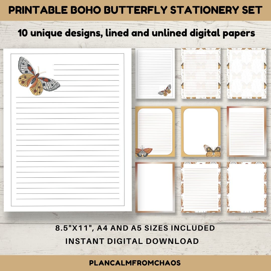 Boho Butterfly Printable Stationery, DIGITAL DOWNLOAD, Printable ...
