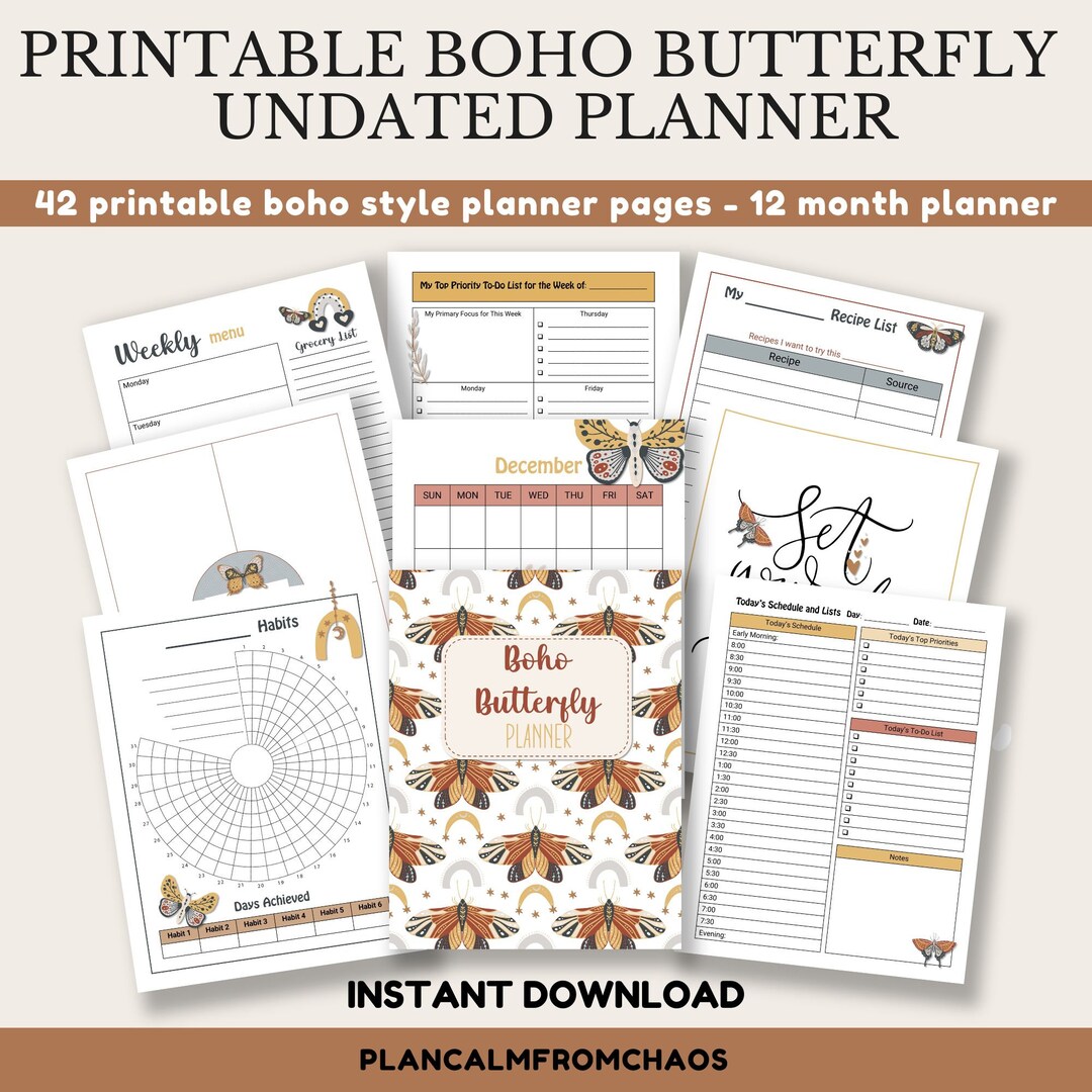 Printable Boho Undated Planner, DIGITAL DOWNLOAD, 42 Page Boho ...