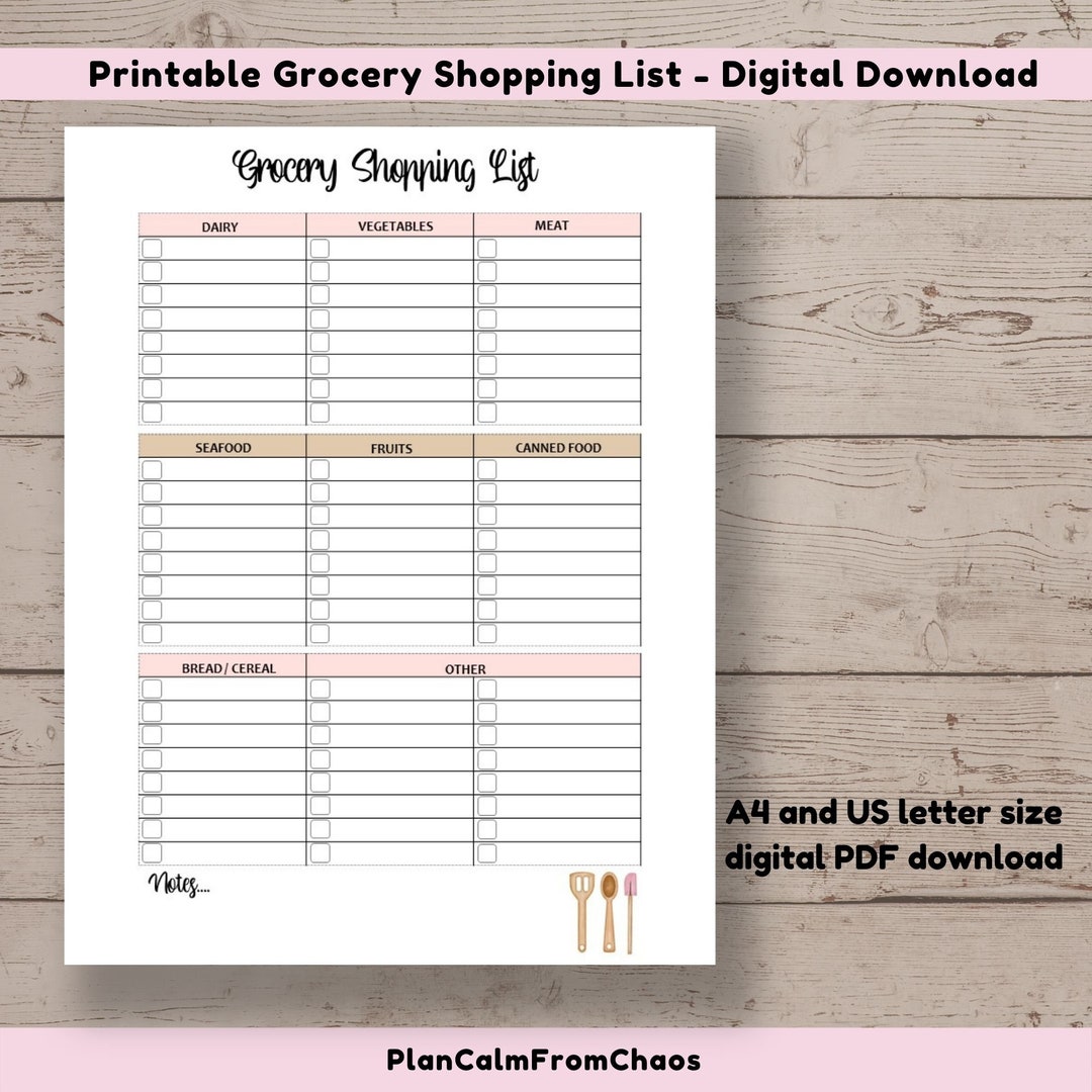 Printable Grocery Shopping List PDF, DIGITAL DOWNLOAD, Use This Pretty ...