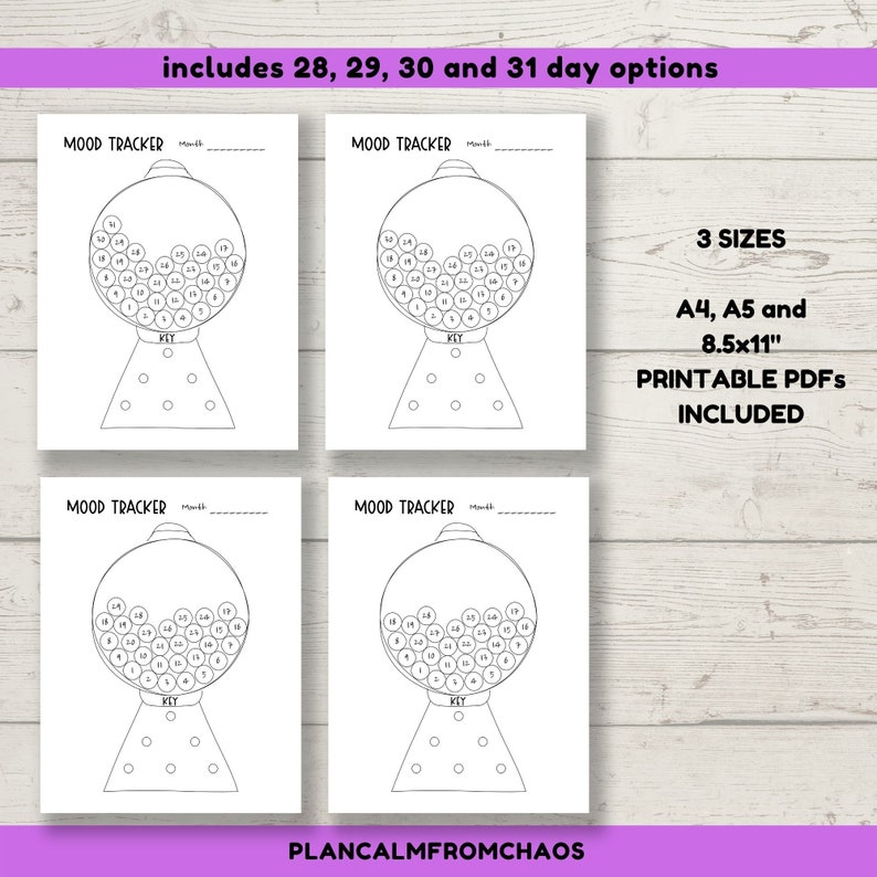 Gumball Mood Tracker Printable Pages. 28, 29, 30 and 31 Day Mood Tracker Pdfs in 3 Sizes. A4, A5 ...