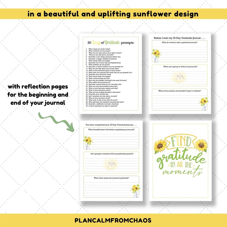 Printable Sunflower 30 Day Gratitude Journal, DIGITAL DOWNLOAD, 30 Days ...