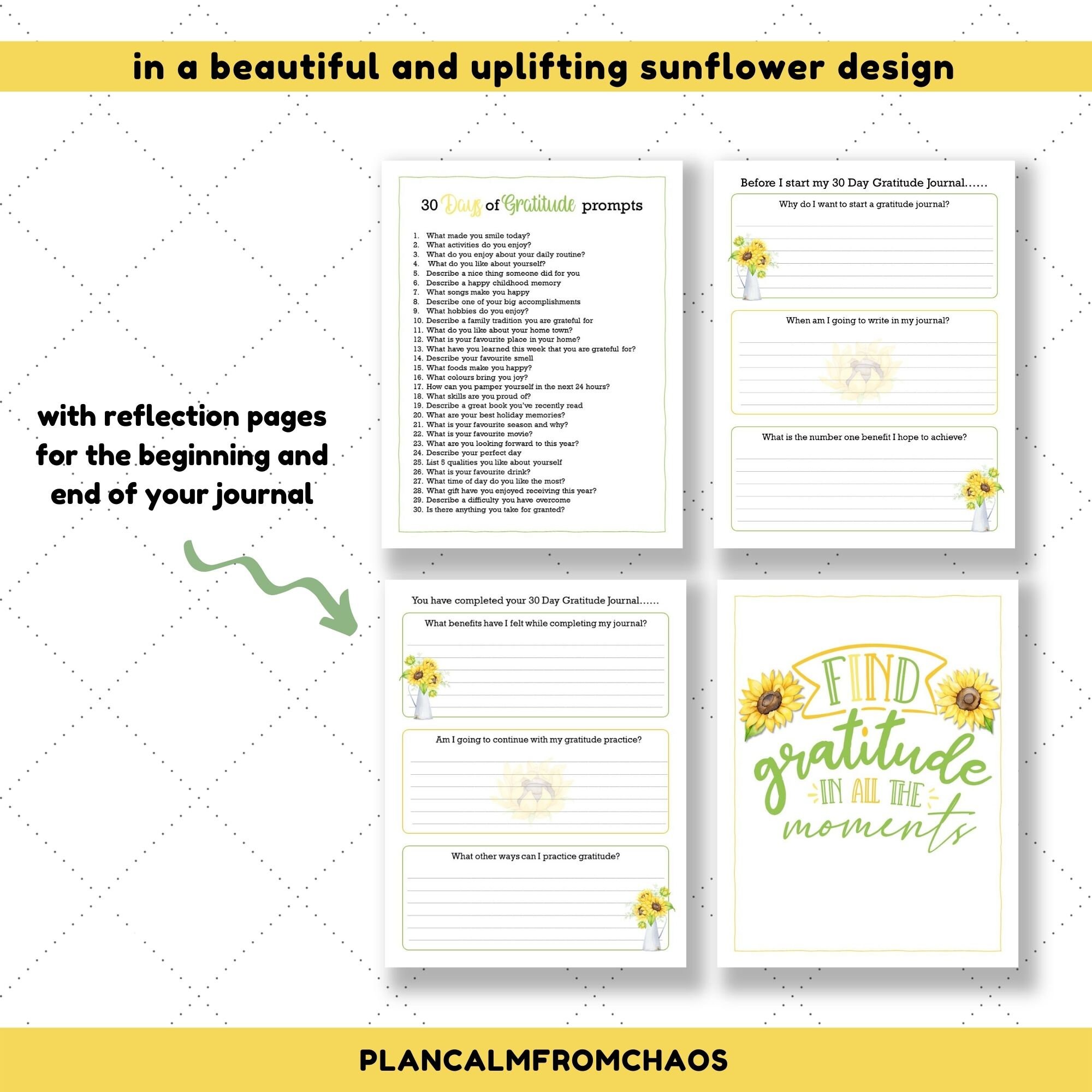 Printable Sunflower 30 Day Gratitude Journal, DIGITAL DOWNLOAD, 30 Days ...