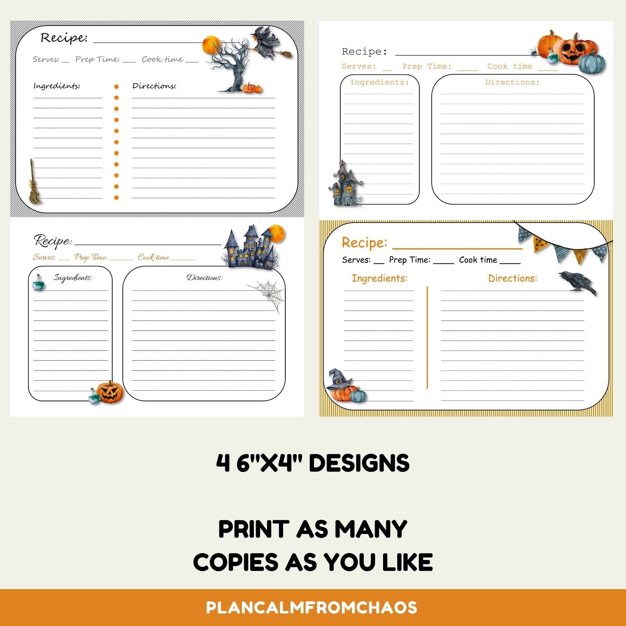 Printable Halloween Recipe Cards, DIGITAL DOWNLOAD, 6x4, 4 Spooky ...