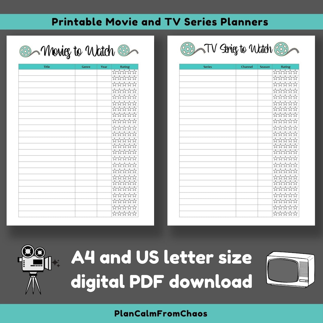 Printable TV and Movie Watch List Trackers, DIGITAL DOWNLOAD. Plan Your ...
