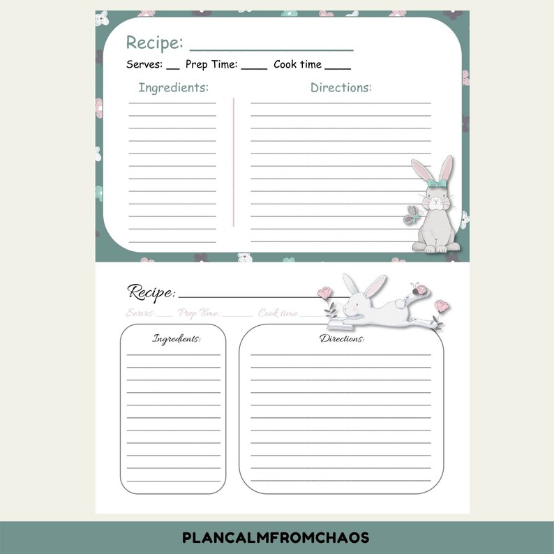 Easter Bunny Printable Recipe Cards, DIGITAL DOWNLOAD, 6"x4", 4 Rabbit ...