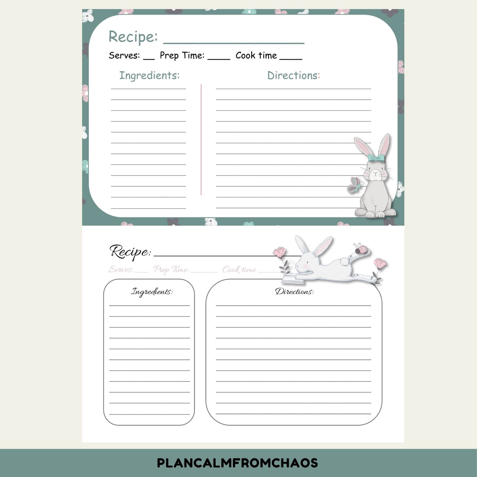 Easter Bunny Printable Recipe Cards, DIGITAL DOWNLOAD, 6"x4", 4 Rabbit ...
