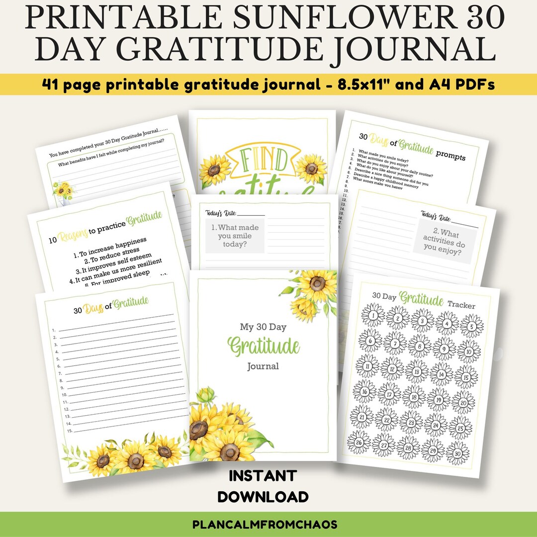 Printable Sunflower 30 Day Gratitude Journal, DIGITAL DOWNLOAD, 30 Days ...