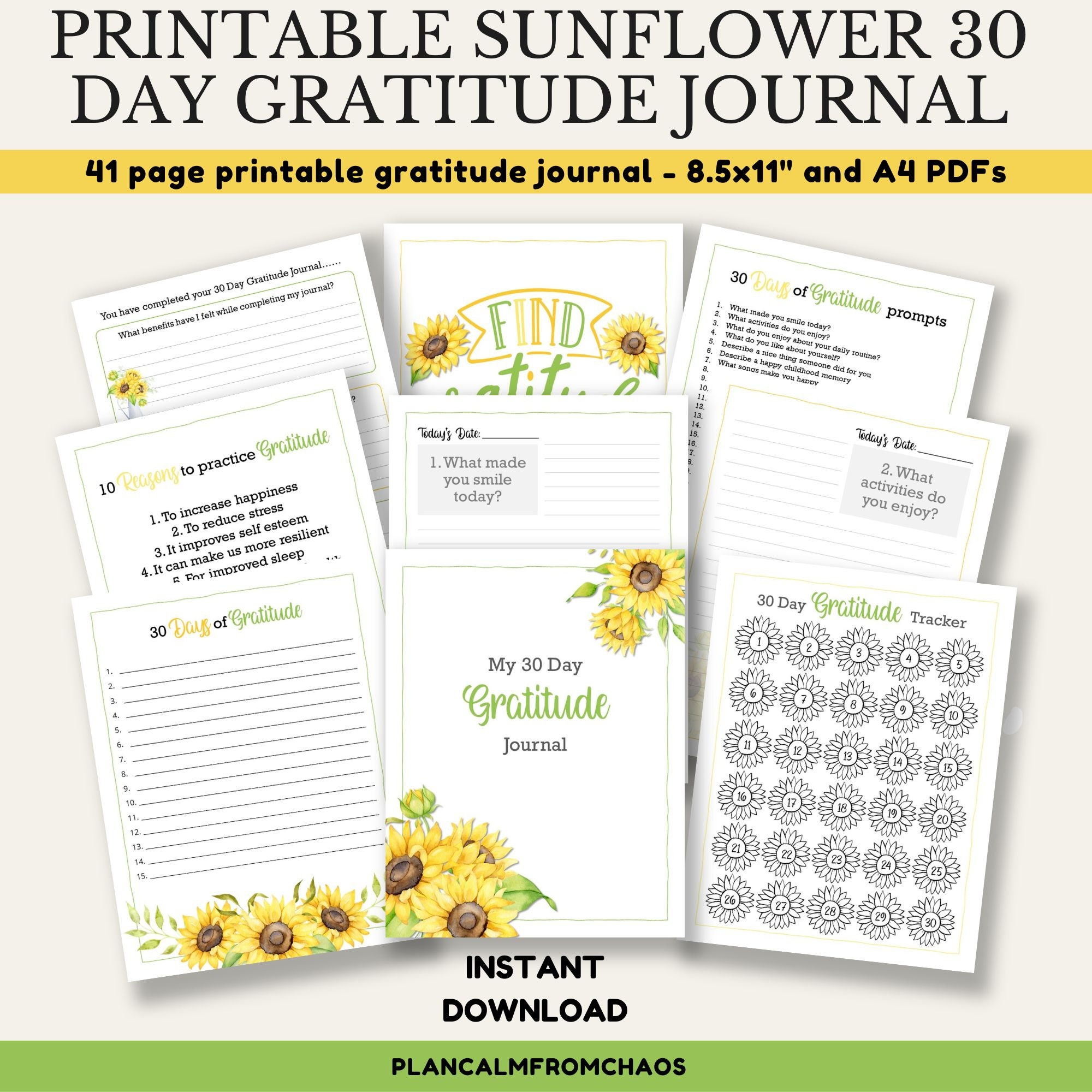 Printable Sunflower 30 Day Gratitude Journal, DIGITAL DOWNLOAD, 30 Days ...