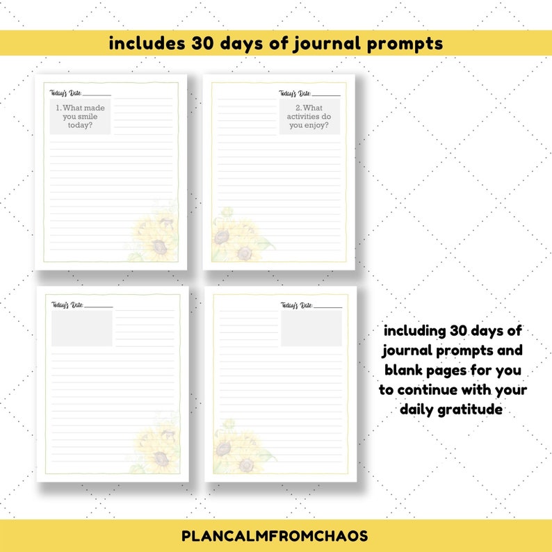 Printable Sunflower 30 Day Gratitude Journal, DIGITAL DOWNLOAD, 30 Days ...