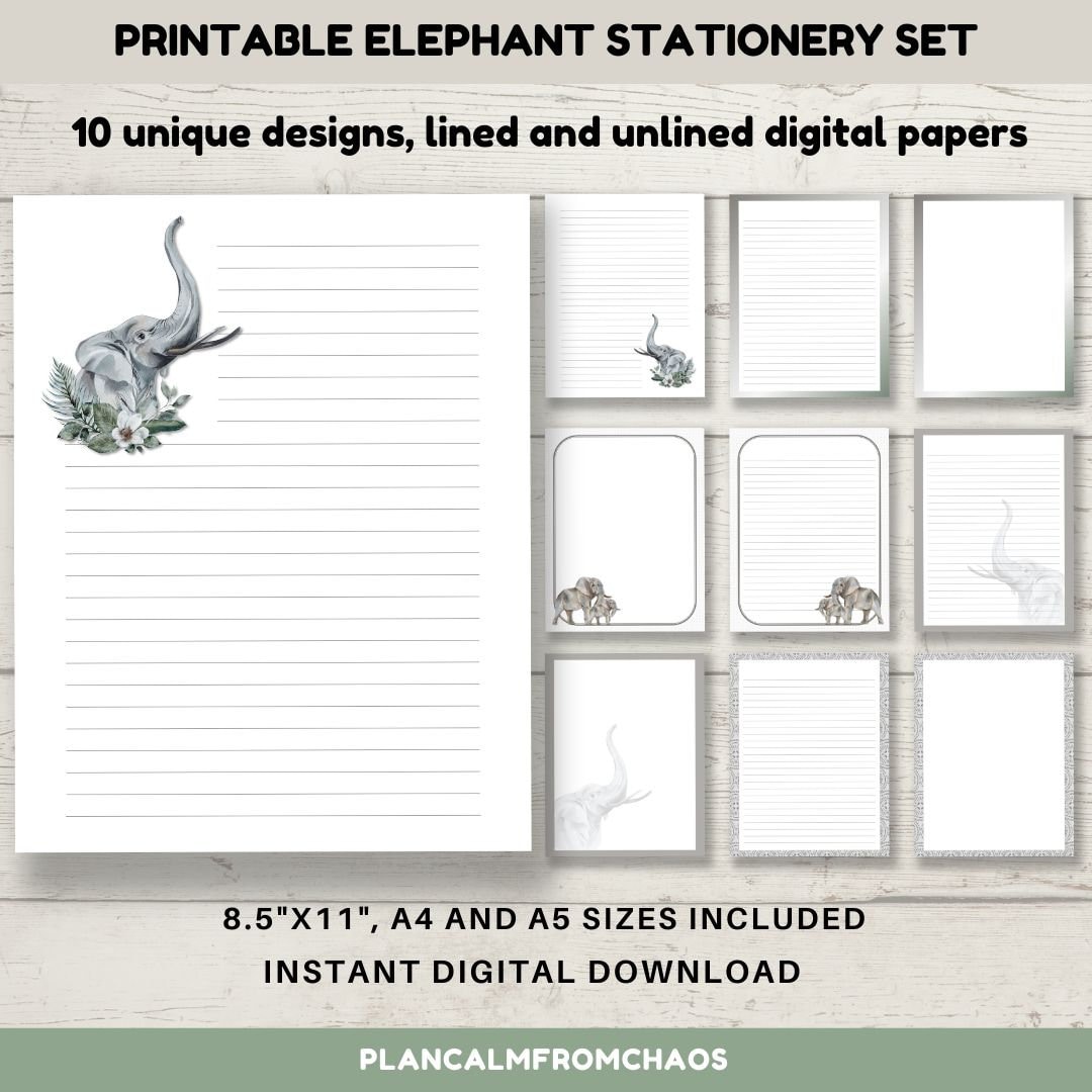 Printable Elephant Stationery, DIGITAL DOWNLOAD, Printable Writing ...