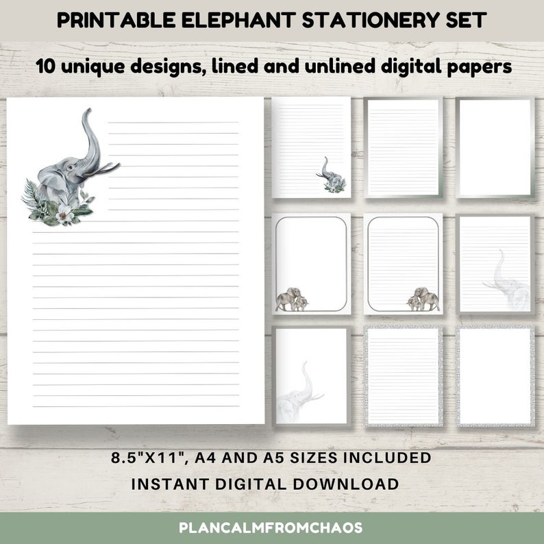 Printable Elephant Stationery, DIGITAL DOWNLOAD, Printable Writing ...