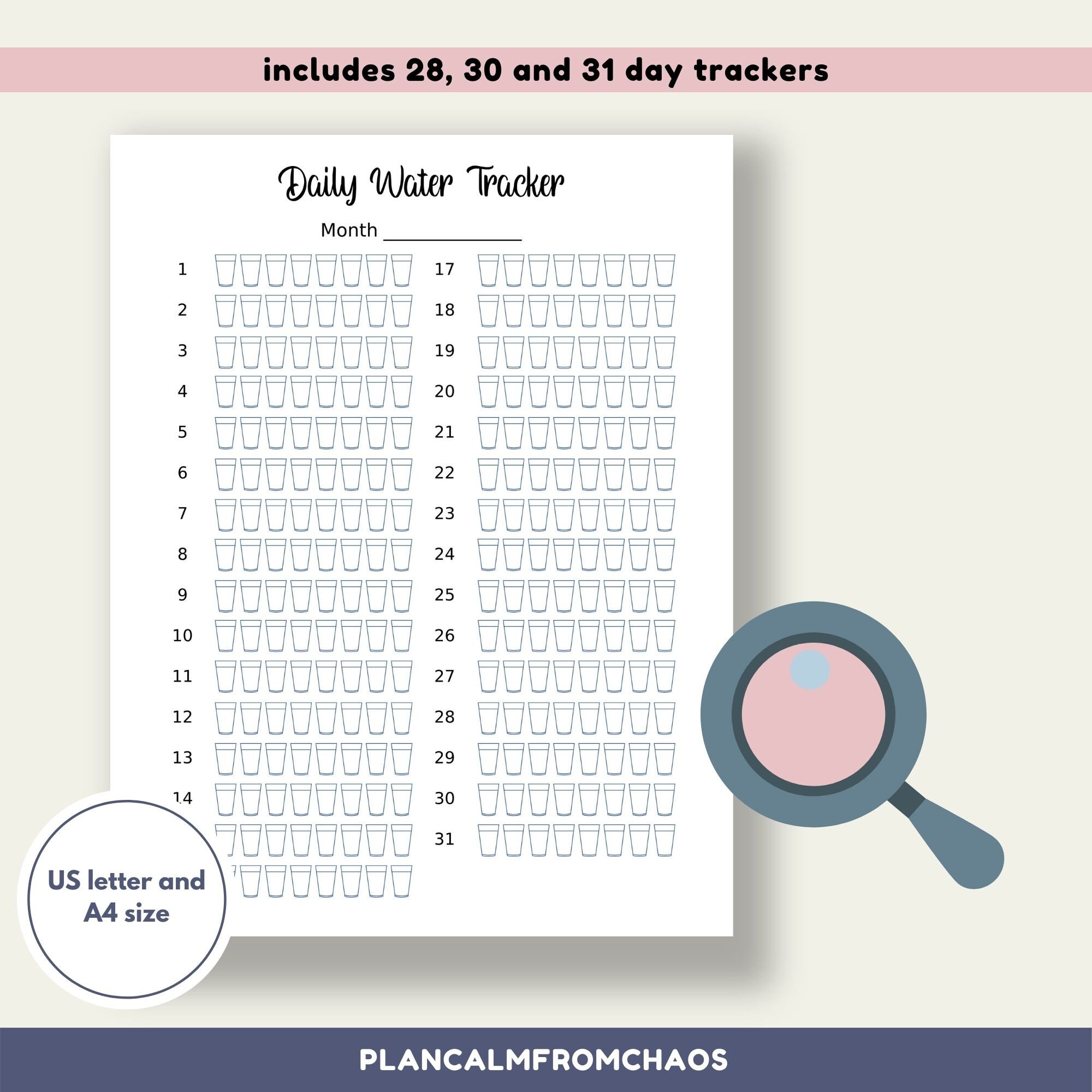 Daily Water Tracker Printable. DIGITAL DOWNLOAD. 28, 30 and 31 Day ...