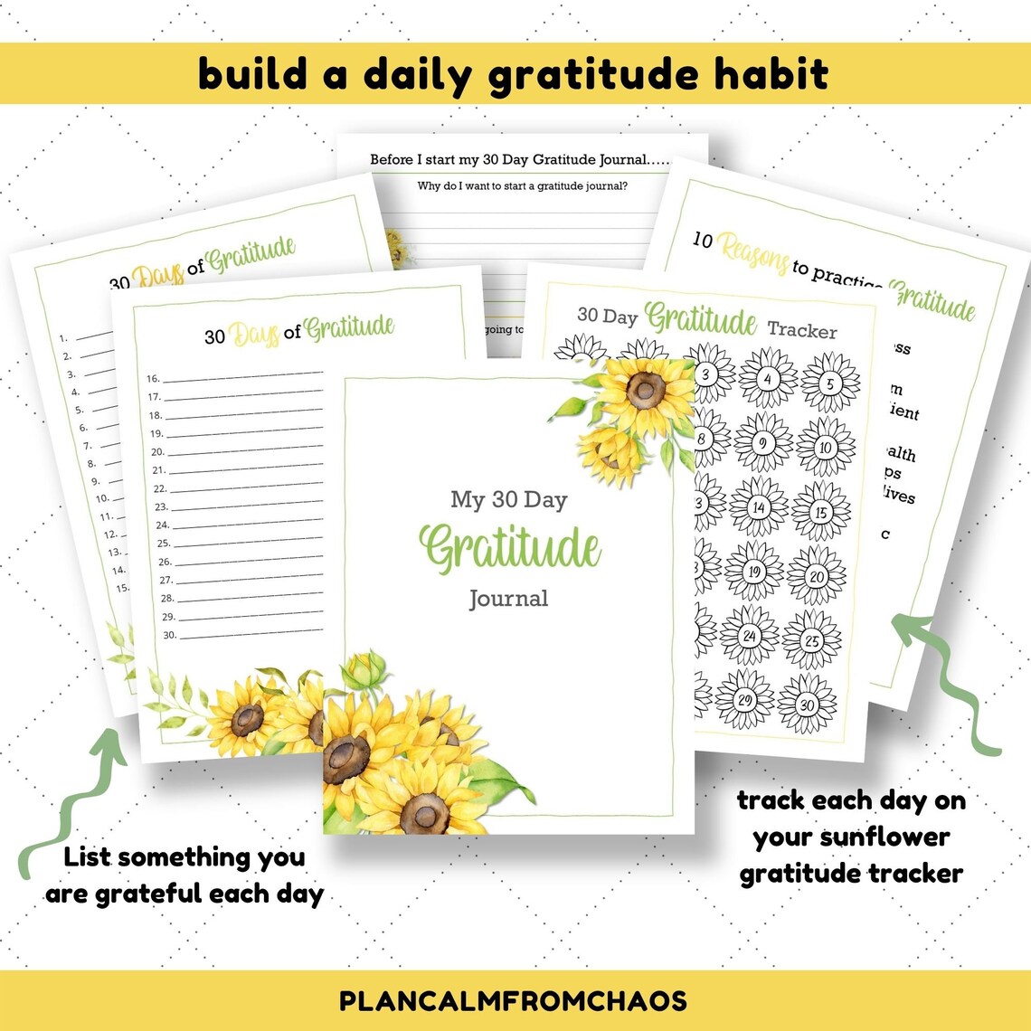 Printable Sunflower 30 Day Gratitude Journal, DIGITAL DOWNLOAD, 30 Days ...