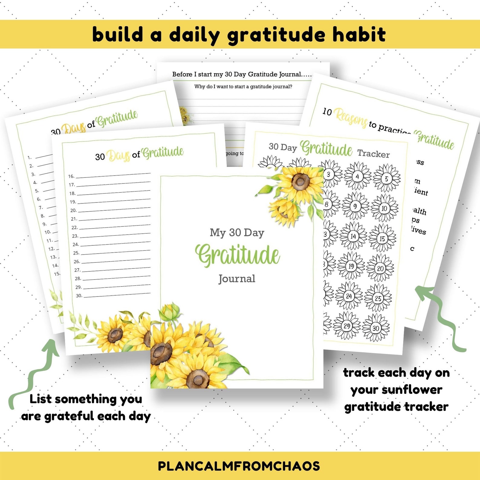 Printable Sunflower 30 Day Gratitude Journal, DIGITAL DOWNLOAD, 30 Days ...