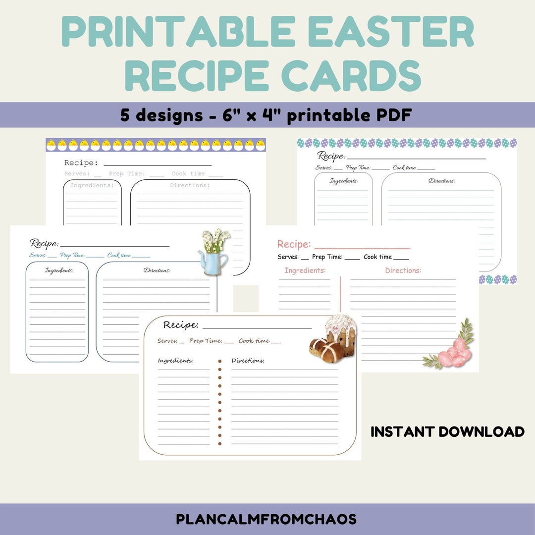Printable Easter Recipe Cards, DIGITAL DOWNLOAD, 6"x4", 5 Designs ...
