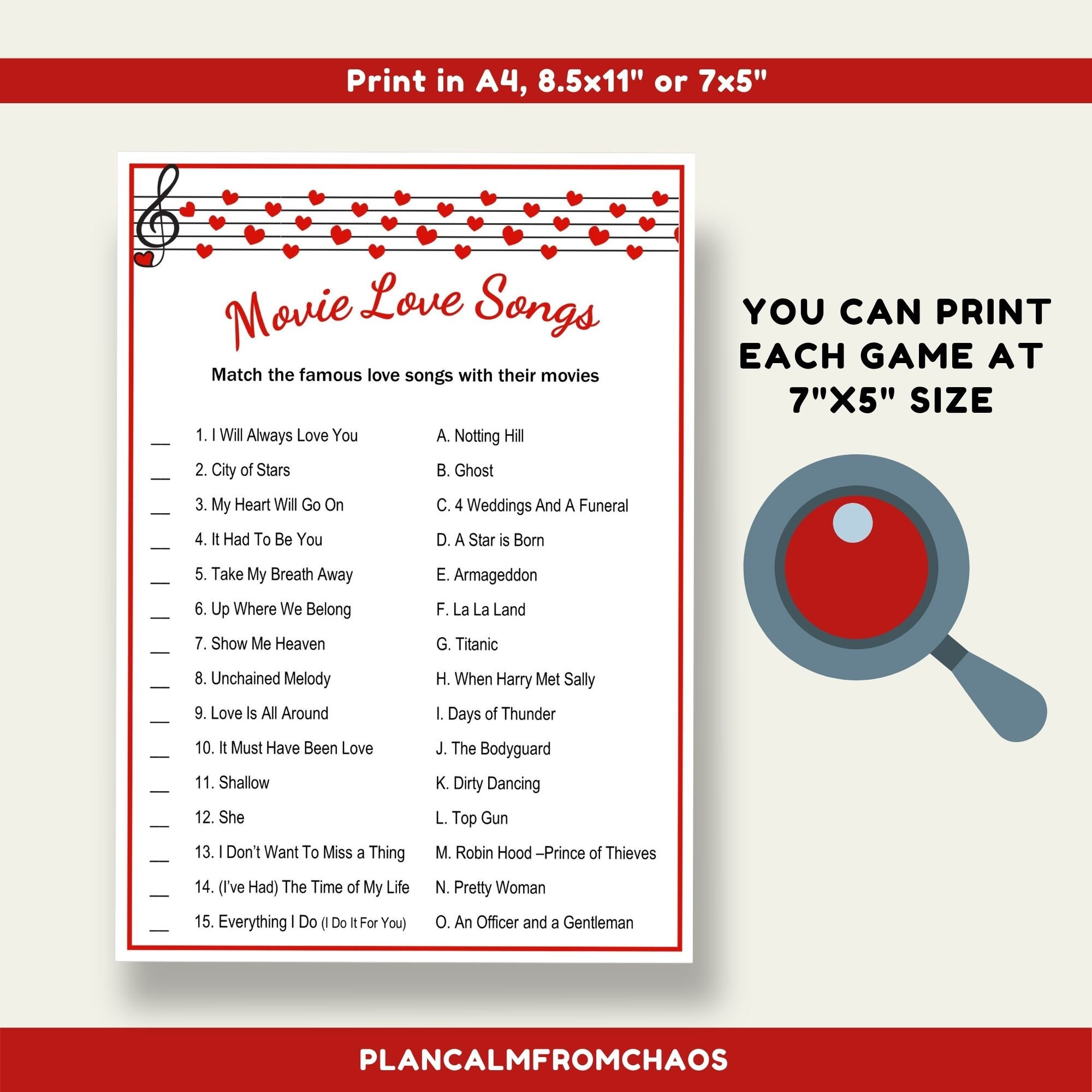 Valentines Day Printable Games, Movie Love Songs, DIGITAL DOWNLOAD ...