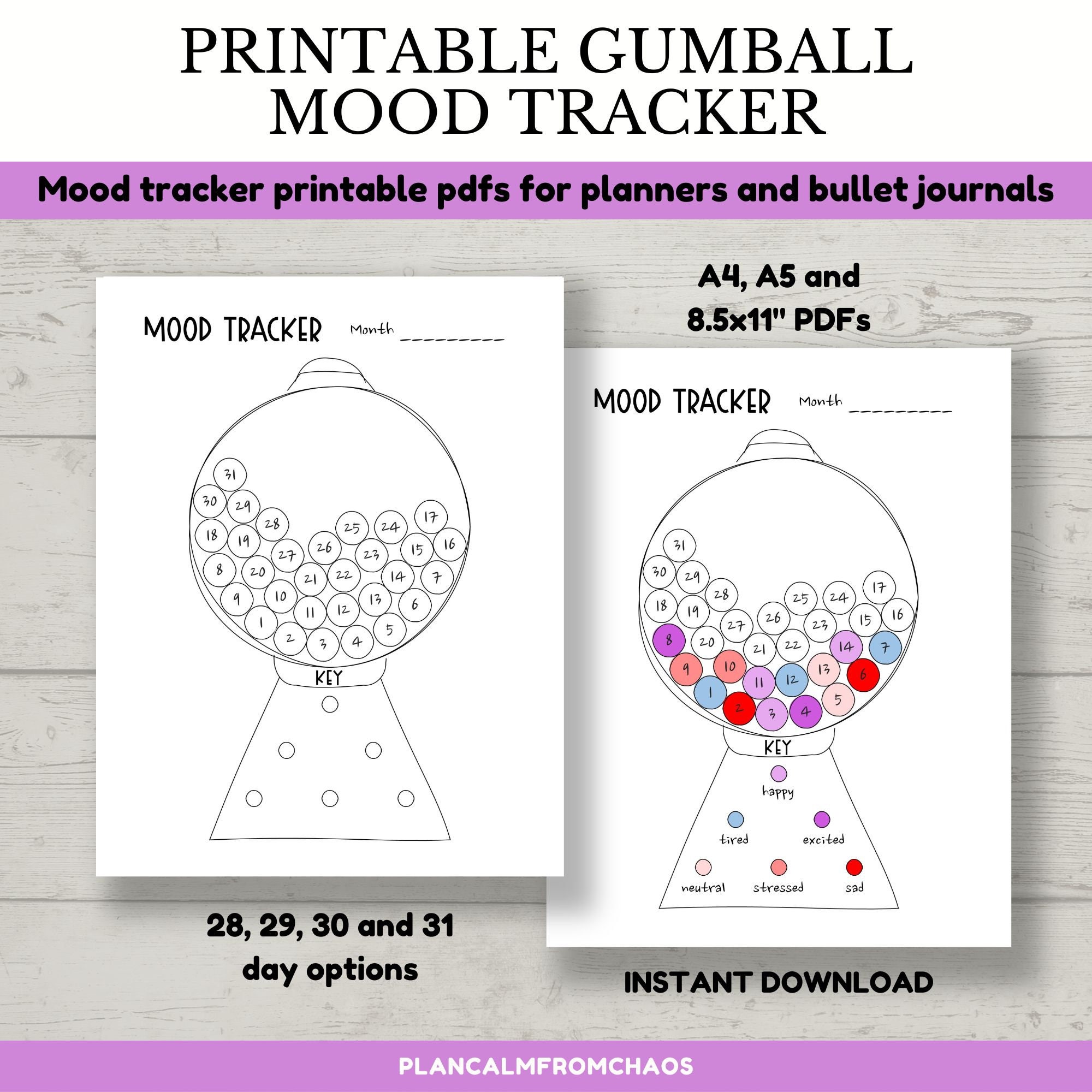 Gumball Mood Tracker Printable Pages 28 29 30 And 31 Day Mood Tracker Pdfs In 3 Sizes A4 A5
