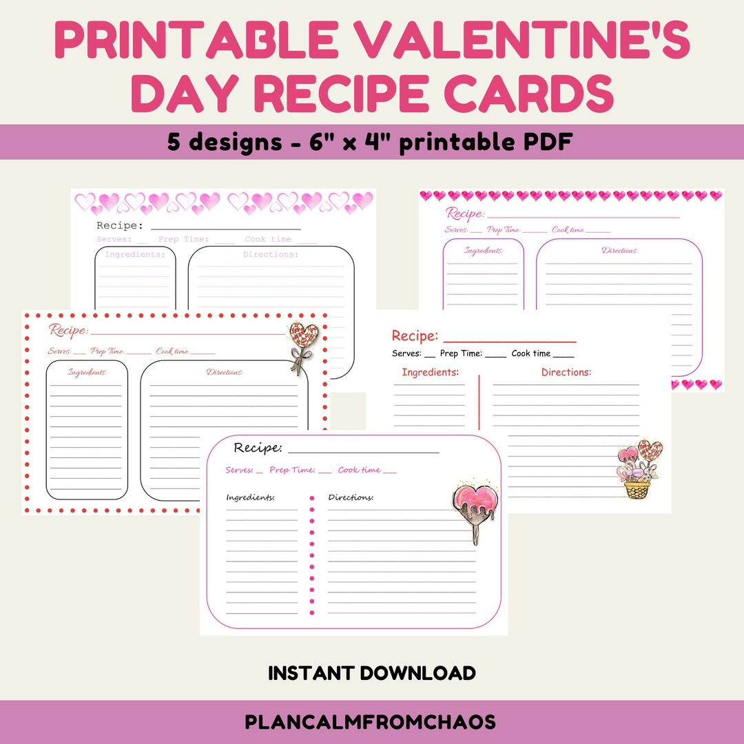 Printable Valentine's Day Recipe Cards, DIGITAL DOWNLOAD, 6"x4", 5 ...