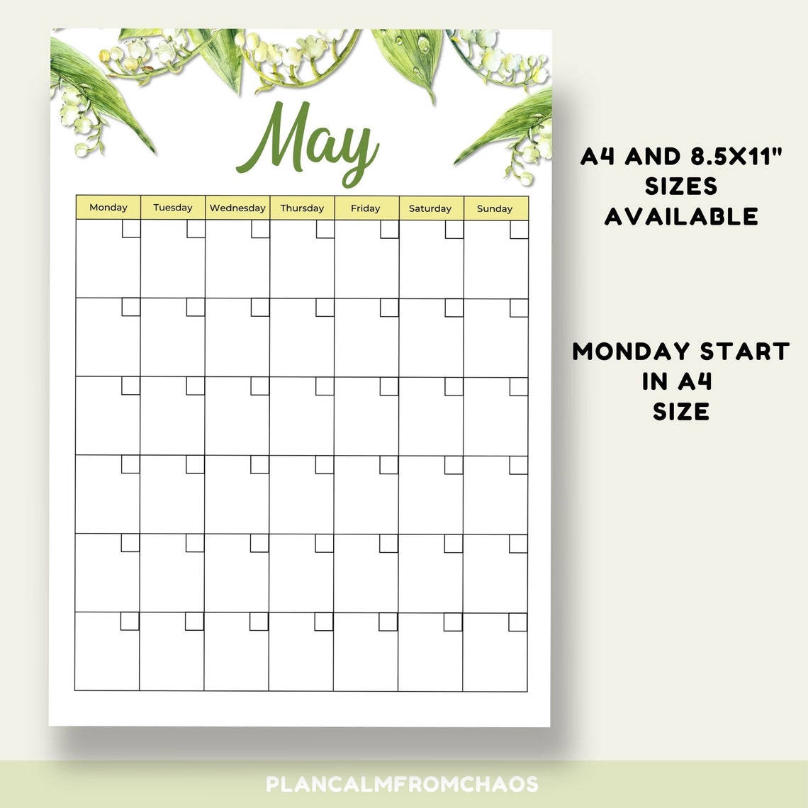 Printable May Monthly Calendar, DIGITAL DOWNLOAD, May Undated Floral ...