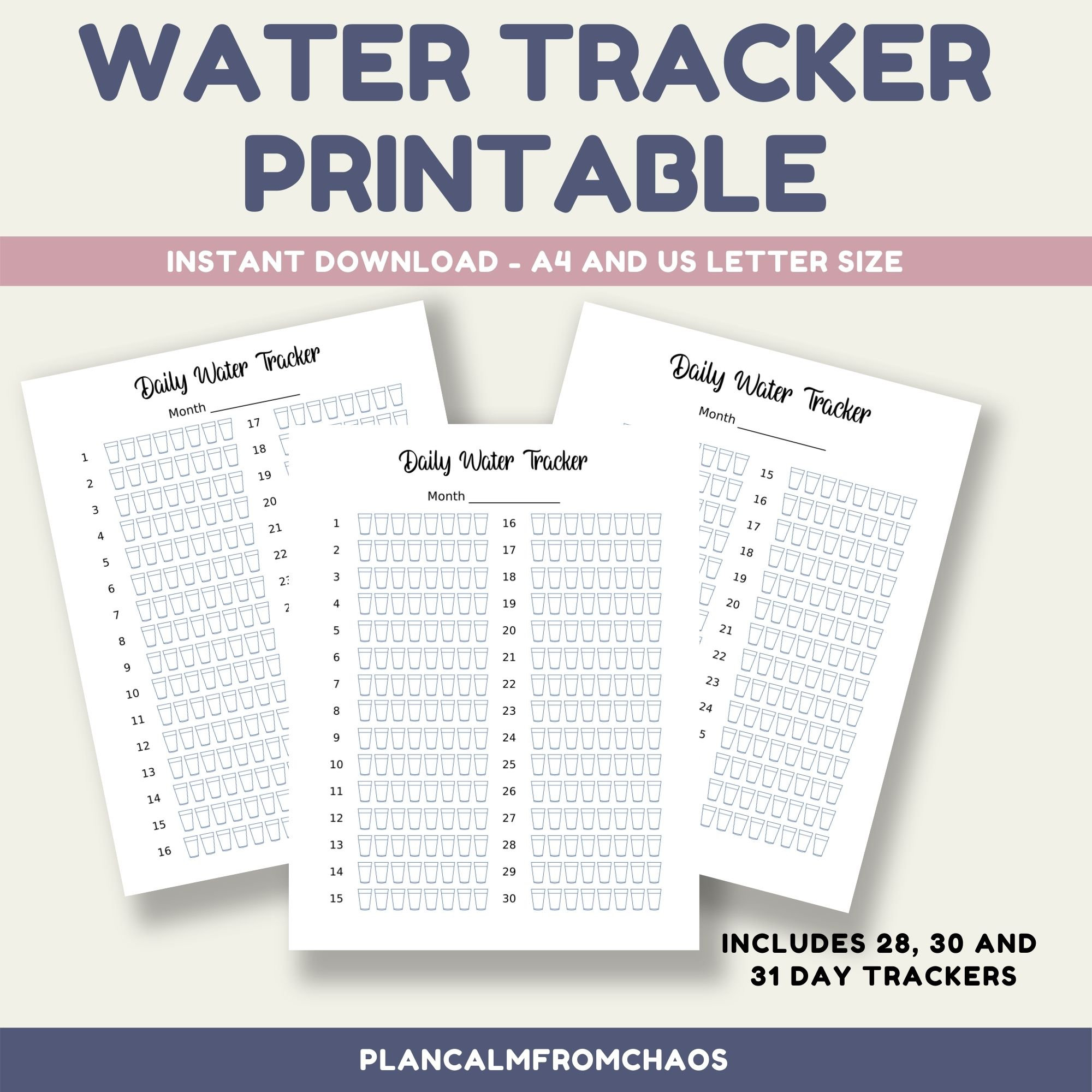 Daily Water Tracker Printable. DIGITAL DOWNLOAD. 28, 30 and 31 Day ...