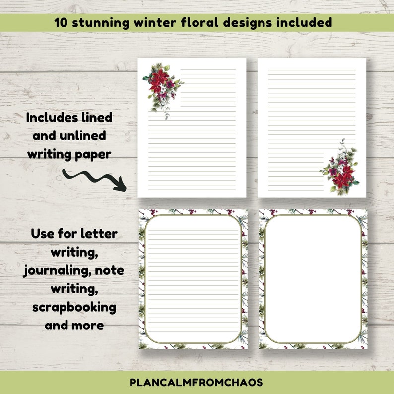 Printable Christmas Poinsettia Stationery, DIGITAL DOWNLOAD, Printable ...