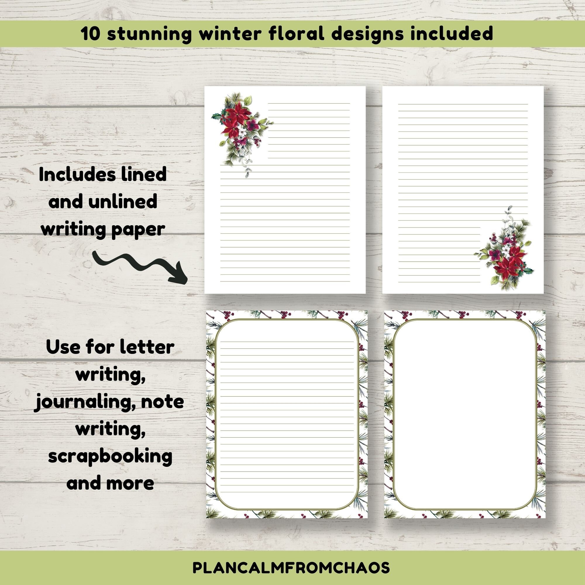 Printable Christmas Poinsettia Stationery, DIGITAL DOWNLOAD, Printable ...