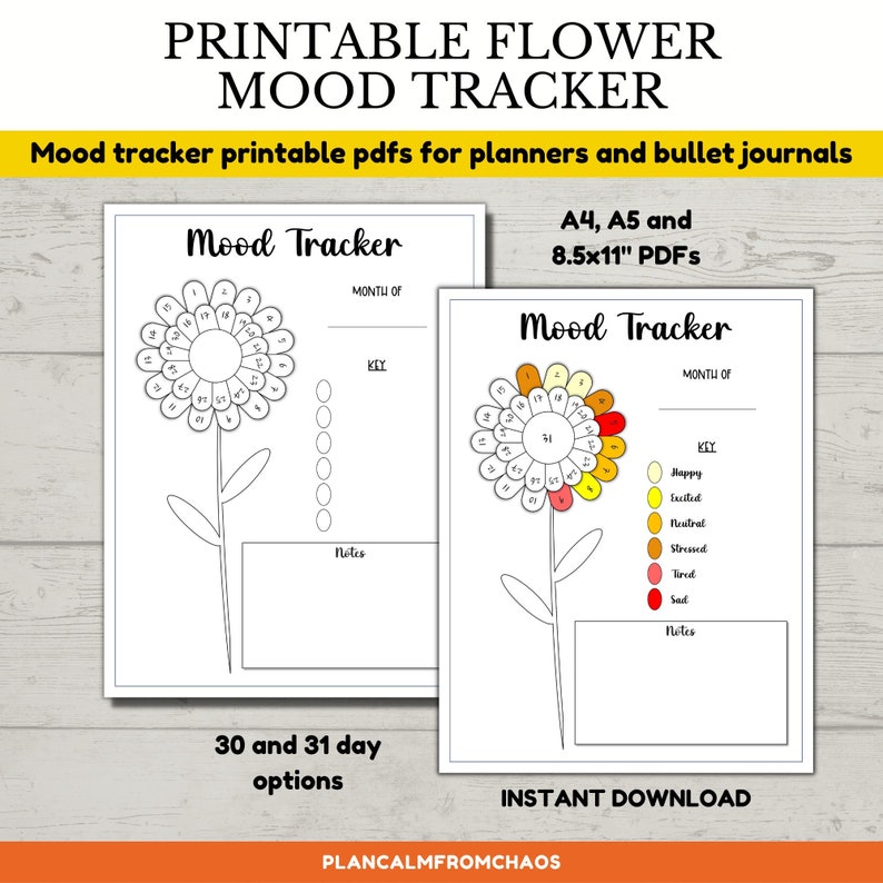 Flower Mood Tracker Printable Pages. 30 and 31 Day Mood Tracker Pdfs in ...