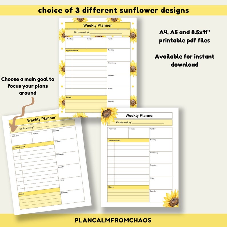 Printable Sunflower Weekly Planner Pages, DIGITAL DOWNLOAD, A4, A5 and ...