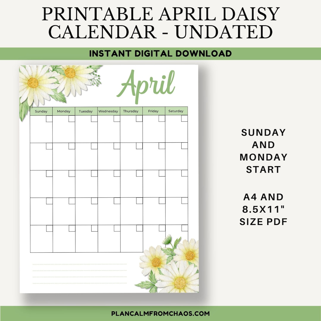 Printable April Monthly Calendar, DIGITAL DOWNLOAD, April Undated ...