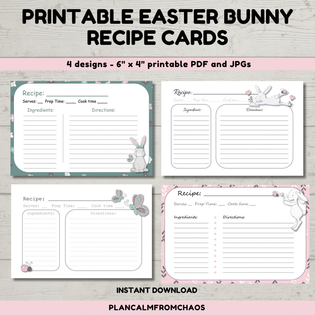 Easter Bunny Printable Recipe Cards, DIGITAL DOWNLOAD, 6"x4", 4 Rabbit ...