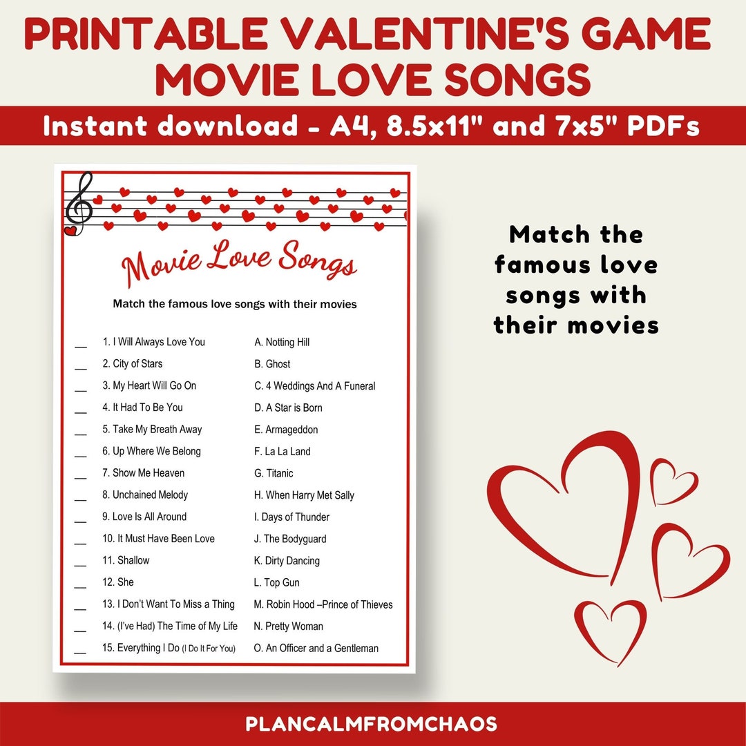 Valentines Day Printable Games, Movie Love Songs, DIGITAL DOWNLOAD ...