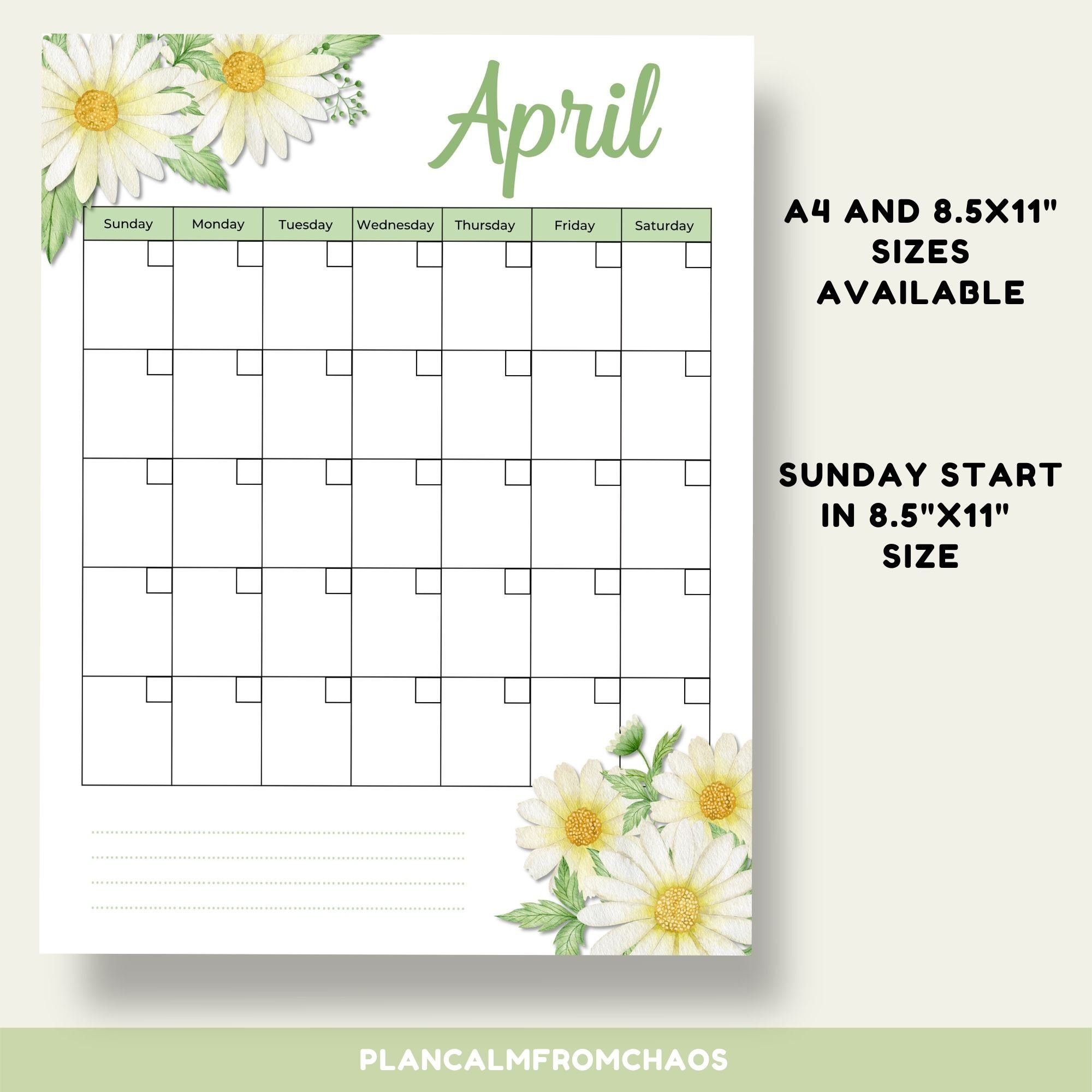 Printable April Monthly Calendar, DIGITAL DOWNLOAD, April Undated ...