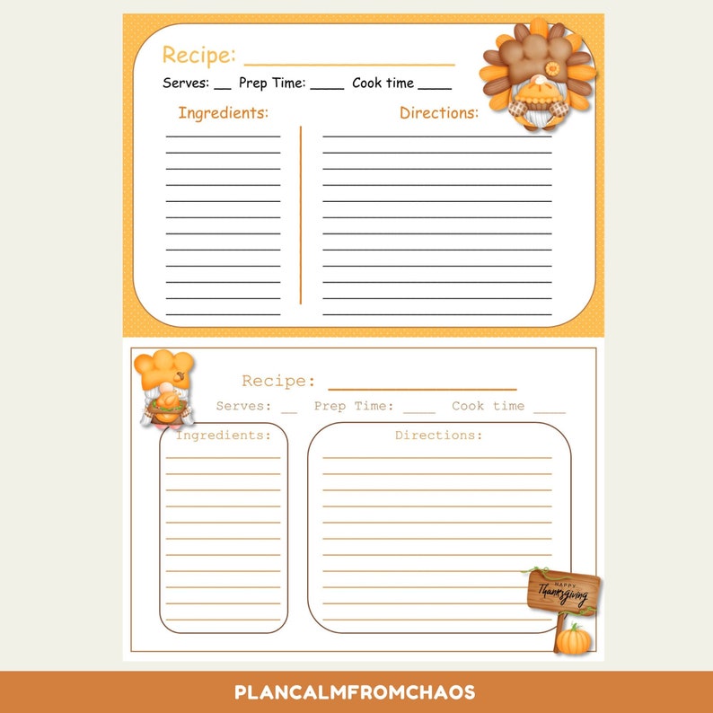 Printable Thanksgiving Gnome Recipe Cards, Digital Download 6"x4", 4 ...