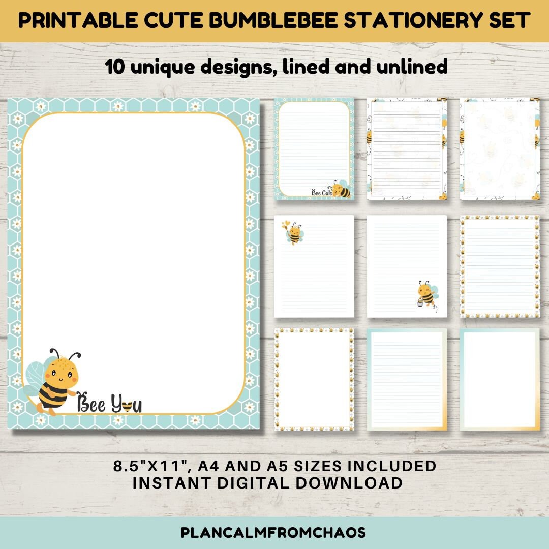 Cute Bumblebee Digital Stationery, DIGITAL DOWNLOAD, Printable Writing ...