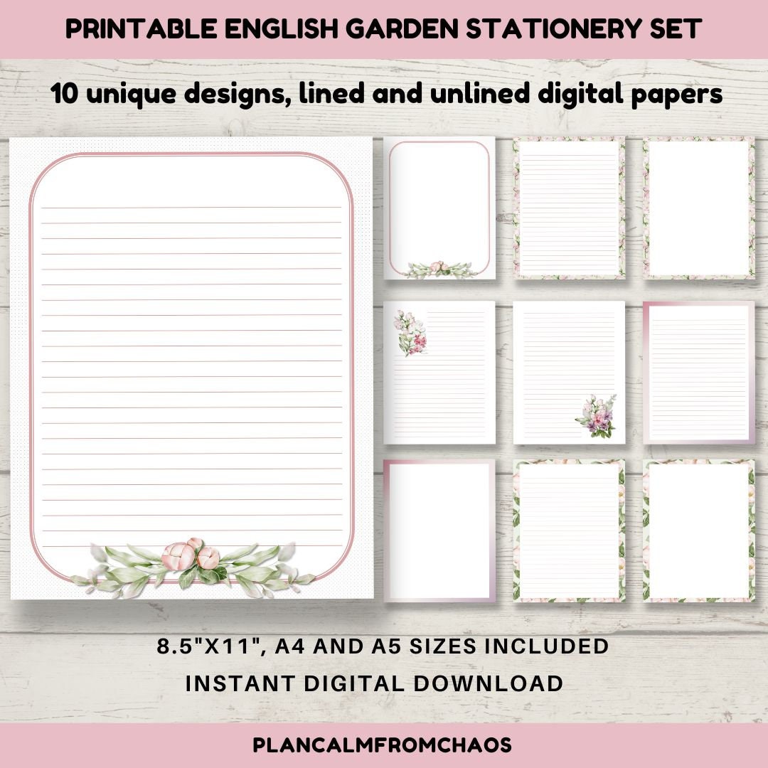 Printable English Garden Floral Stationery, DIGITAL DOWNLOAD, Printable ...