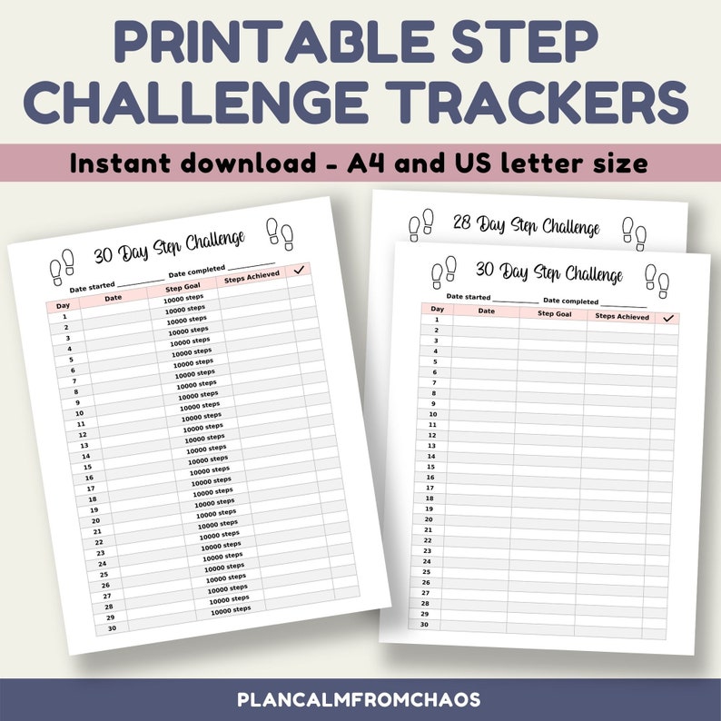 30 Day Challenge Step Tracker Printables. DIGITAL DOWNLOAD. Track Your ...
