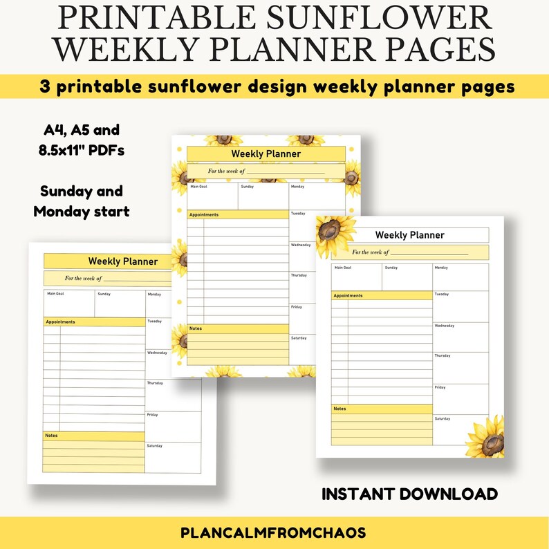 Printable Sunflower Weekly Planner Pages, DIGITAL DOWNLOAD, A4, A5 and ...