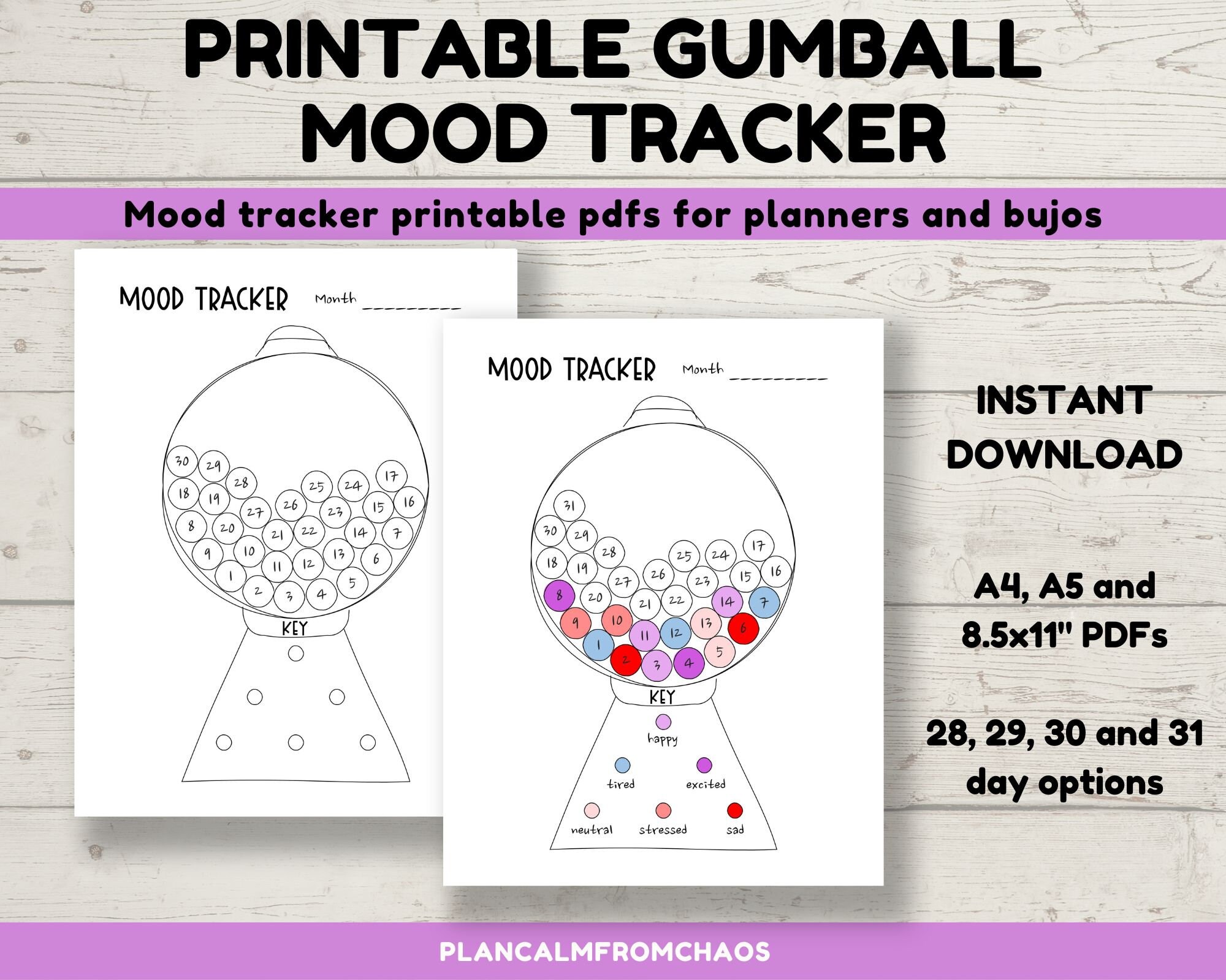Gumball Mood Tracker Printable Pages. 28 29 30 and 31 Day - Etsy
