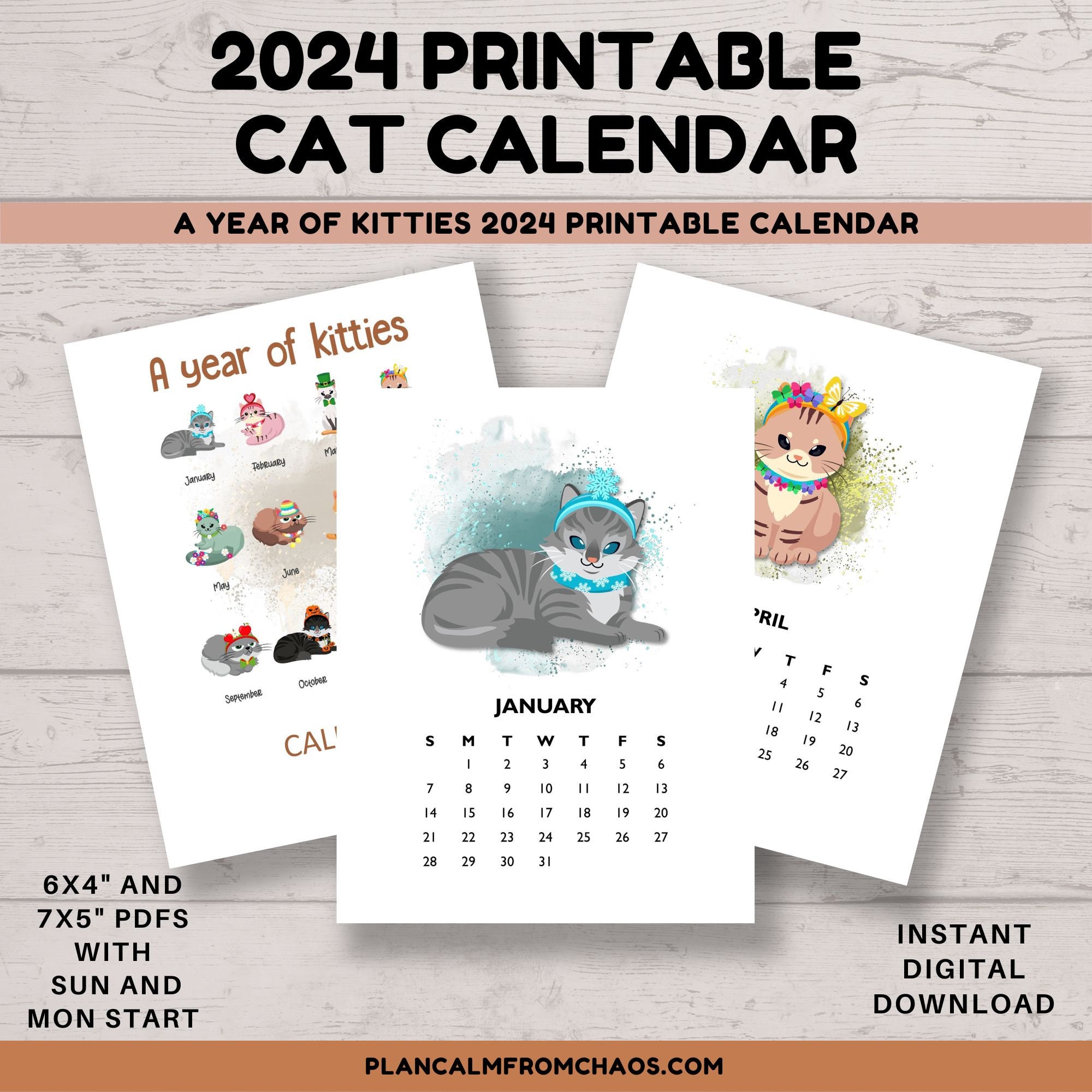 Kitten Monthly 2024 Desk Calendar, Printable DIGITAL DOWNLOAD, Fun Cat ...