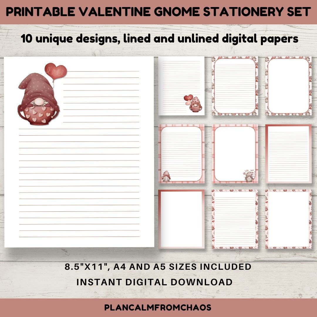 Printable Valentine Gnome Stationery Set, DIGITAL DOWNLOAD, Printable ...