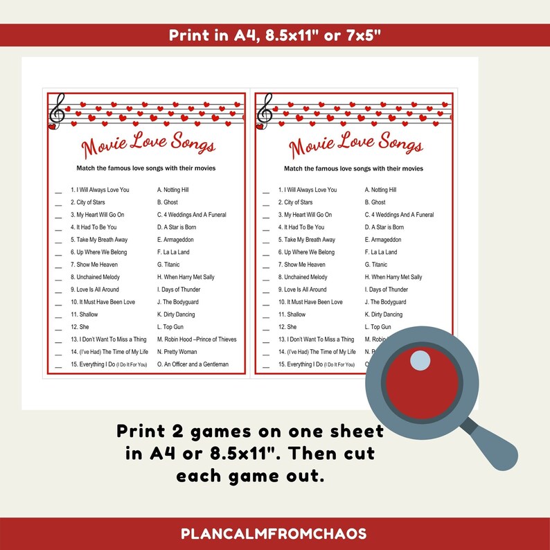 Valentines Day Printable Games, Movie Love Songs, DIGITAL DOWNLOAD ...