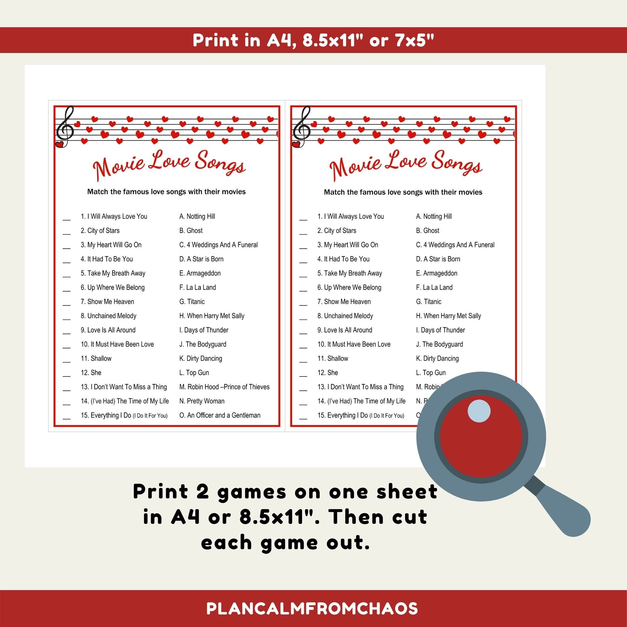 Valentines Day Printable Games, Movie Love Songs, DIGITAL DOWNLOAD ...