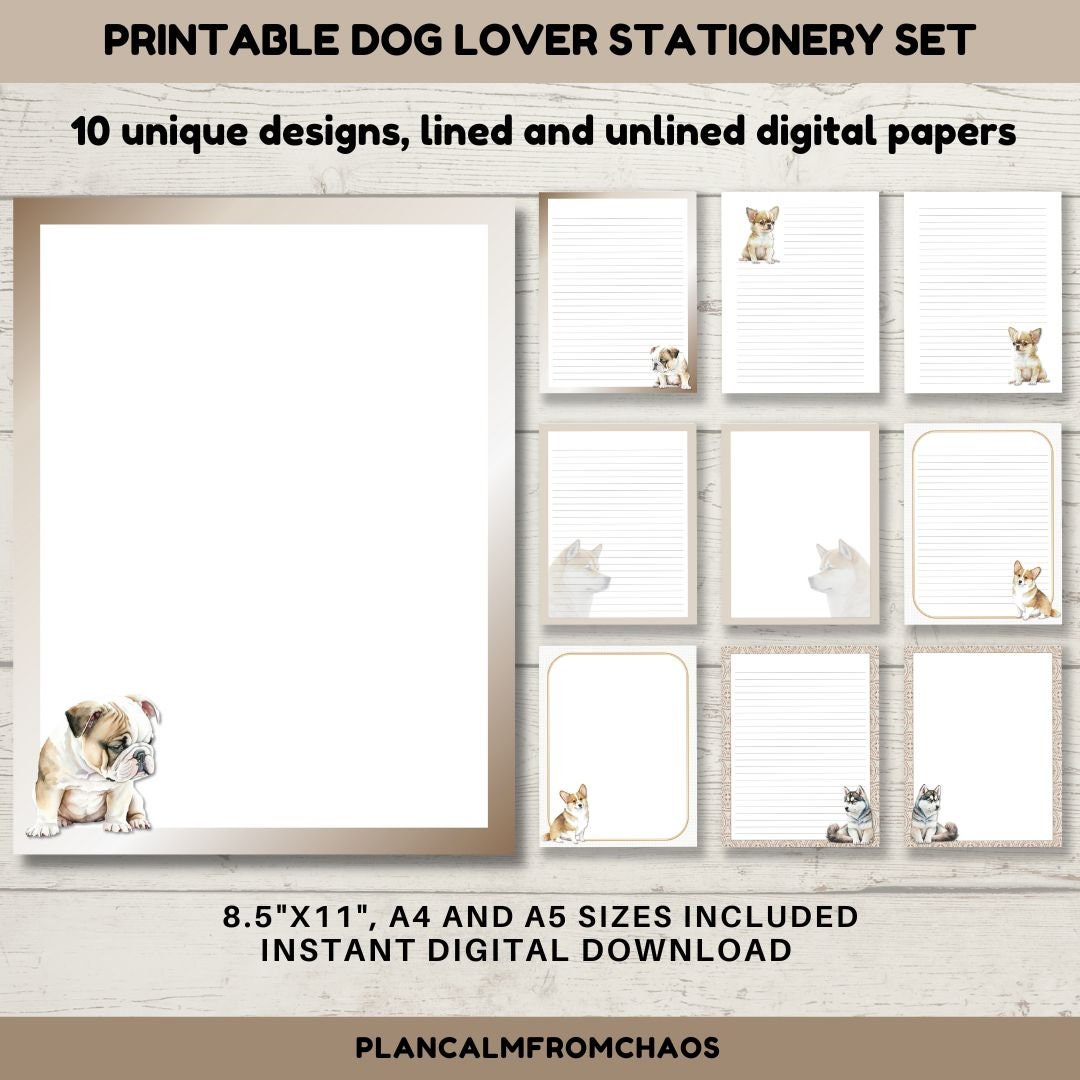 Printable Dog Stationery Set, DIGITAL DOWNLOAD, Printable Writing Paper ...